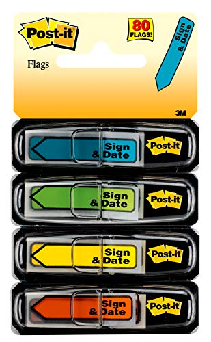 Post-it Message Flags, Sign and Date, 30/Dispenser, 4 Dispensers/Pack.47 in Wide, Assorted Colors (684-SD)