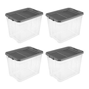 sterilite 108 qt. clear stacker modular storage container tote box with recessed latching lid for household organization & management, grey, (4 pack)