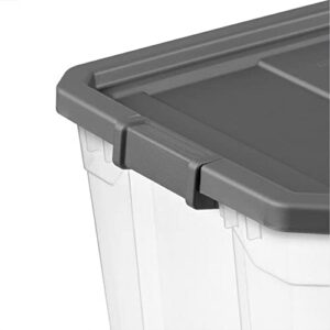 Sterilite 108 Qt. Clear Stacker Modular Storage Container Tote Box with Recessed Latching Lid for Household Organization & Management, Grey, (4 Pack)