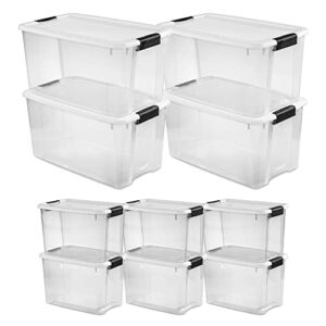 sterilite 70 quart (4 pack) & 30 quart (6 pack) clear plastic stackable storage container bin box tote with white latching lid organizing solution