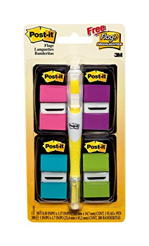 Post-it Flags Value Pack, 50/Dispenser, 4 Dispensers/Pack, 1 in Wide, Assorted Bright Colors, Includes Free Flags + Highlighter (680-PPBGVA)