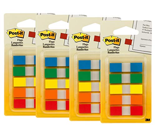 Post-it Flags with On-The-Go Dispenser, Assorted Primary Colors, 1/2-Inch Wide, 100/Dispenser, Pack of 4