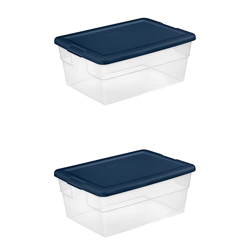 Sterilite Stackable 16 Quart Clear Home Storage Box with Handles and Blue Lid for Efficient, Space Saving Household Storage and Organization, 2 Pack