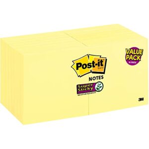 post-it® notes, super sticky notes, 3 in x 3 in, canary yellow, pack of 16 pads