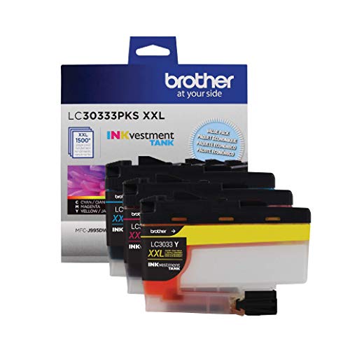 Brother Genuine LC30333PKS 3-Pack, Super High-yield Color INKvestment Tank Ink Cartridges; Includes 1 Cartridge each of Cyan, Magenta & Yellow, Page Yield Up to 1,500 Pages/Cartridge, LC3033