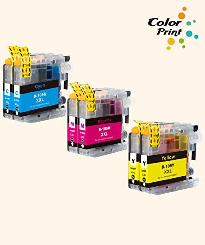 ColorPrint Compatible LC105 Ink Cartridge Replacement for Brother LC105 LC105C LC105M LC105Y LC107 Used for MFC-4610DW MFC-J4710DW MFC-J4310DW MFC-J4410DW MFC-J4510DW Printer (6-Pack, 2C, 2M, 2Y)