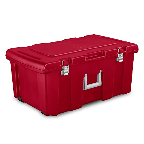 Sterilite 23 Gallon Lockable Storage Tote Footlocker Toolbox Container Box with Wheels, Handles, Metal Hinges, and Latches, Infra Red with Gray Clips