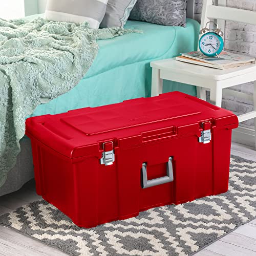 Sterilite 23 Gallon Lockable Storage Tote Footlocker Toolbox Container Box with Wheels, Handles, Metal Hinges, and Latches, Infra Red with Gray Clips