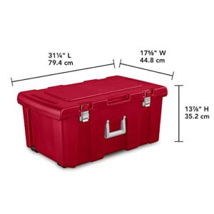 Sterilite 23 Gallon Lockable Storage Tote Footlocker Toolbox Container Box with Wheels, Handles, Metal Hinges, and Latches, Infra Red with Gray Clips