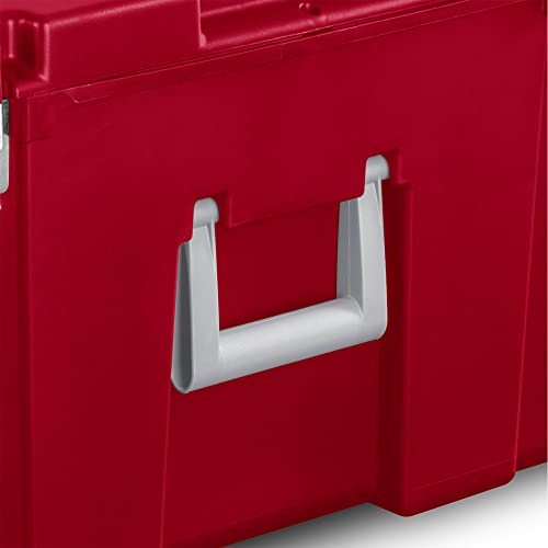 Sterilite 23 Gallon Lockable Storage Tote Footlocker Toolbox Container Box with Wheels, Handles, Metal Hinges, and Latches, Infra Red with Gray Clips