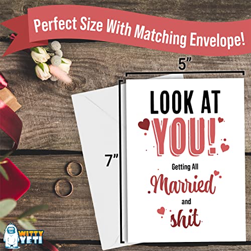 Super Funny Engagement Card by Witty Yeti. 5"x7" Fun Greeting Card. Hilarious Adult Wedding Gift for Bride or Groom. Perfect Way to Say Congratulations at Bridal Shower, Bachelorette or Bachelor Party