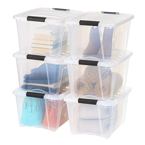 IRIS USA 32 Qt. Plastic Storage Container Bin with Secure Lid and Latching Buckles, 6 pack - Clear, Durable Stackable Nestable Organizing Tote Tub Box Toy General Organization Medium