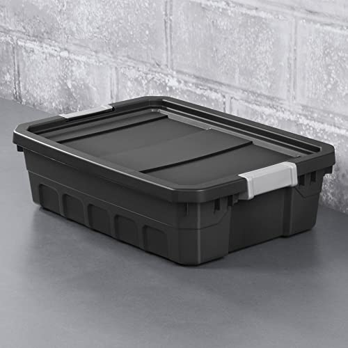 Sterilite 10 Gallon Under Bed Stackable Rugged Industrial Storage Tote Containers with Gray Latching Clip Lids for Garage, Attic, or Worksite (6 Pack)