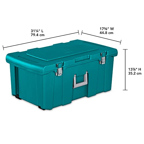 Sterilite 16 Gallon Lockable Storage Tote Footlocker Toolbox Container Box with Wheels, Metal Handles, and Latches, Teal with Gray Clips (2 Pack)