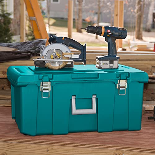 Sterilite 16 Gallon Lockable Storage Tote Footlocker Toolbox Container Box with Wheels, Metal Handles, and Latches, Teal with Gray Clips (2 Pack)