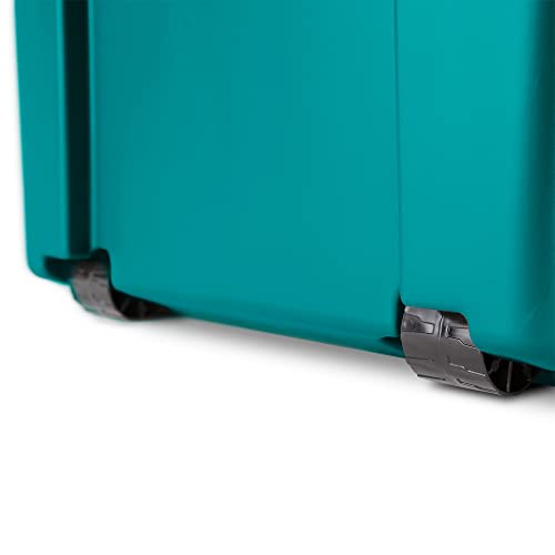 Sterilite 16 Gallon Lockable Storage Tote Footlocker Toolbox Container Box with Wheels, Metal Handles, and Latches, Teal with Gray Clips (2 Pack)