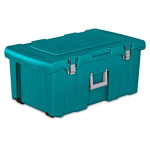 Sterilite 16 Gallon Lockable Storage Tote Footlocker Toolbox Container Box with Wheels, Metal Handles, and Latches, Teal with Gray Clips (2 Pack)