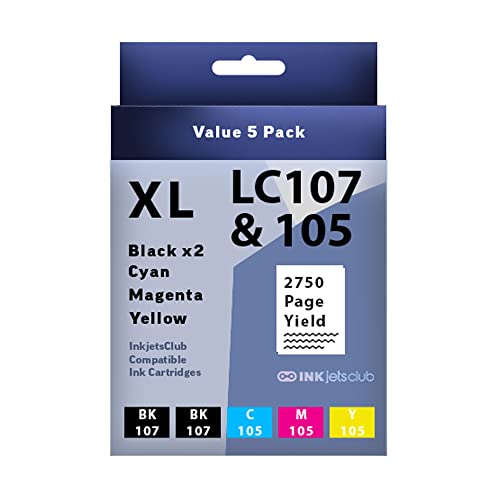 INKjetsclub Brother LC107 / 105 High Yield Ink Cartridge Ink Cartridge Replacement 5 Pack Value Pack. Includes 2 Black, 1 Cyan, 1 Magenta and 1 Yellow Compatible Ink Cartridges