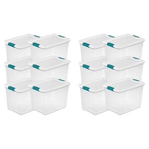 sterilite multipurpose 25 quart capacity clear plastic storage tote home and office organization bins with latching lids and handles, (12 pack)