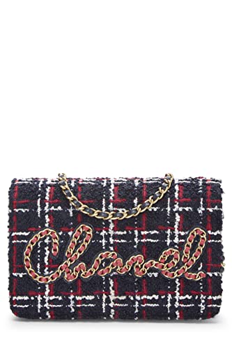 CHANEL, Pre-Loved Navy & Pink Plaid Tweed Wallet on Chain (WOC), Multi