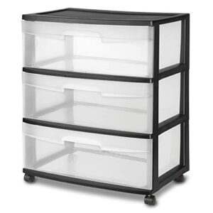 sterilite 29309001 wide 3 drawer cart, black frame with clear drawers and black casters, 1-pack