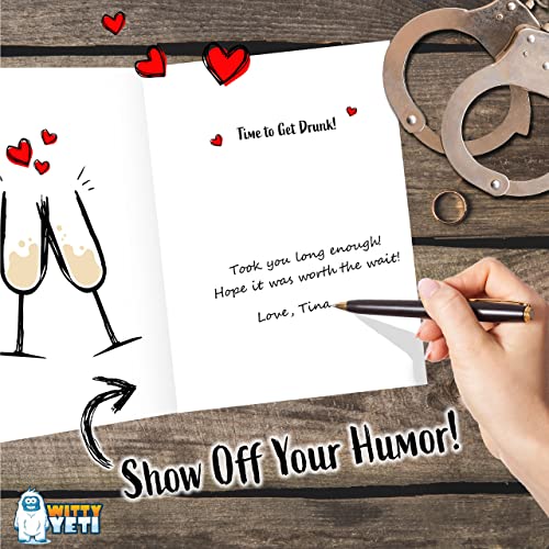 Super Funny Engagement Card by Witty Yeti. 5"x7" Fun Greeting Card. Hilarious Adult Wedding Gift for Bride or Groom. Perfect Way to Say Congratulations at Bridal Shower, Bachelorette or Bachelor Party