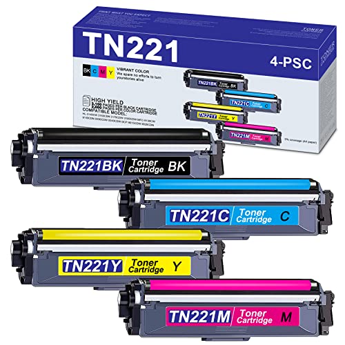 High Yield 4-Pack (1BK+1C+1M+1Y) Compatible TN221BK TN221C TN221M TN221Y Toner Cartridge Set Replacement for Brother HL-3140CW 3150CDN 3170CDW 3180CDW MFC-9130CW 9140CDN DCP-9015CDW Printer