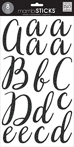 me & my BIG ideas mambiSTICKS Themed Stickers - The Happy Planner Scrapbooking Supplies - Large Cursive Alphabet - Black Glitter - Perfect for Scrapbooking & Paper Crafts - 8 Sheets