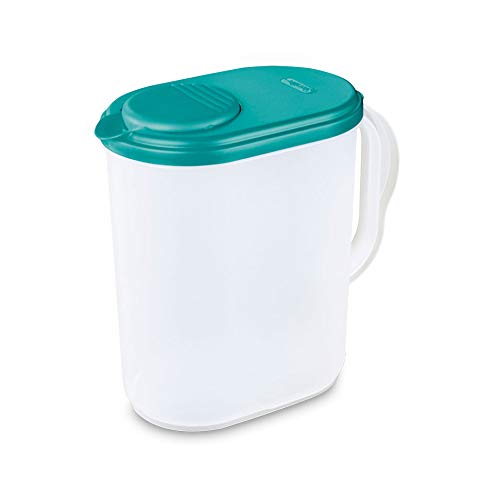 Sterilite 1 Gallon Pitcher Blue Atoll Lid and Tab with Clear Base Freezer and Dishwasher Safe for Water Tea Juices BPA-free and phthalate-free