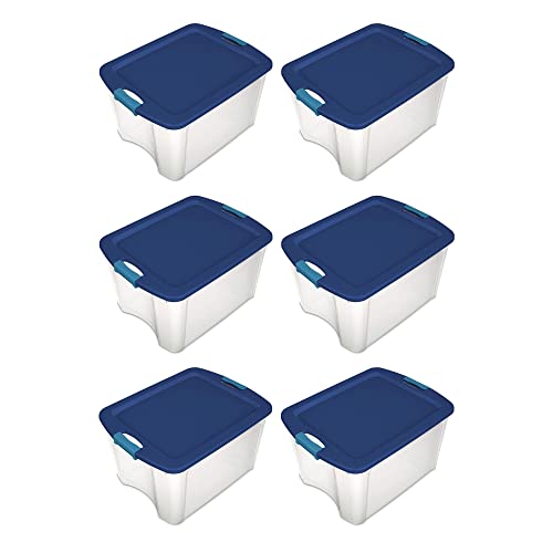 Sterilite 18 Gallon Latch and Carry Storage Tote Box Container, True Blue Lid and Clear Base with Blue Aquarium Latches (6 Pack)