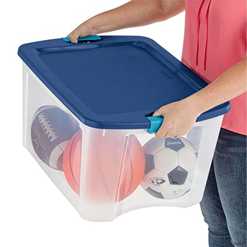 Sterilite 18 Gallon Latch and Carry Storage Tote Box Container, True Blue Lid and Clear Base with Blue Aquarium Latches (6 Pack)