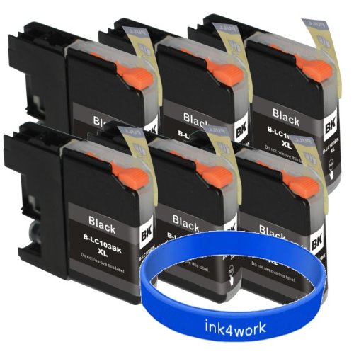 ink4work© Set of 6 Pack LC103 LC-103 XL HY Black Compatible Ink Cartridge Set & ink4work Wristband for Brother MFC-J285DW, MFC-J4310DW, MFC-J4410DW, MFC-J450DW, MFC-J4510DW, MFC-J4610DW, MFC-J470DW, MFC-J4710DW, MFC-J475DW, MFC-J870DW, MFC-J875DW