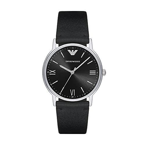 Emporio Armani Men's Stainless Steel Analog-Quartz Watch with Leather Calfskin Strap, Black, 22 (Model: AR11013)