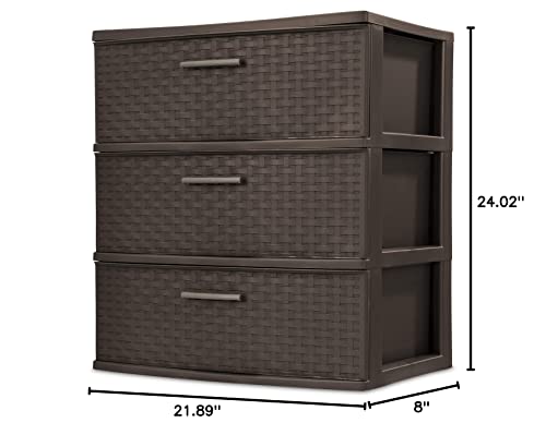 Sterilite 25306P01 3 Drawer Wide Weave Tower, Espresso Frame & Drawers w/ Driftwood Handles, 1-Pack