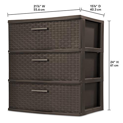 Sterilite 25306P01 3 Drawer Wide Weave Tower, Espresso Frame & Drawers w/ Driftwood Handles, 1-Pack