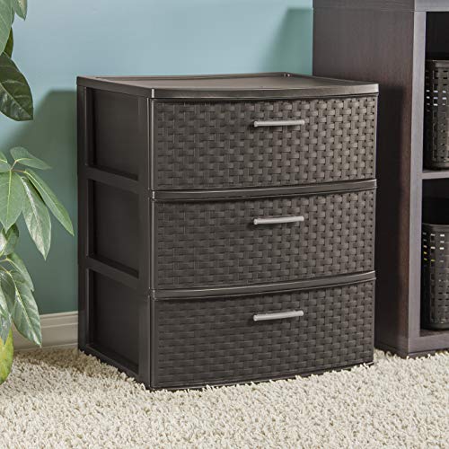 Sterilite 25306P01 3 Drawer Wide Weave Tower, Espresso Frame & Drawers w/ Driftwood Handles, 1-Pack