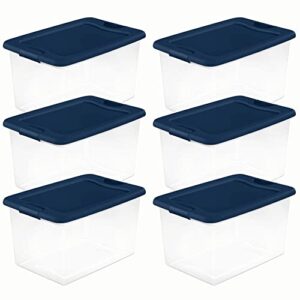 sterilite 64 quart latching hinged see-through plastic stacking storage container tote with recessed lids for home organization, marine blue (6 pack)…