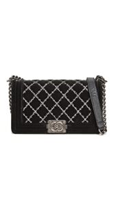 chanel women’s pre-loved velvet boy medium bag, black, one size