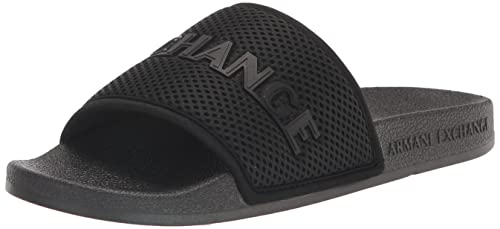 A|X ARMANI EXCHANGE Men's Mesh Rubber Logo Pool Slide Sandal, Black+Black, 7