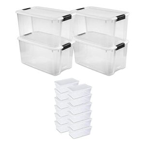 sterilite 70 quart multipurpose stackable plastic latching lid storage tote, 4 pack & 6 quart container box bin for home organization, clear 12 pack