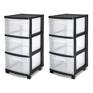 sterilite 28309002 3 drawer cart, black frame with clear drawers and black casters, 2-pack