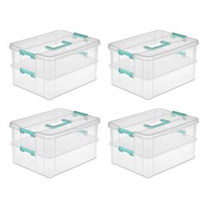 sterilite convenient small home 2-tiered layer stack carry storage box with colored accent secure latching lid, clear (4 pack)