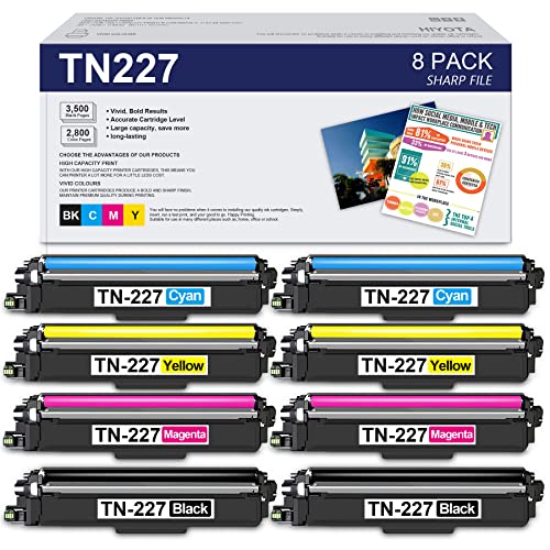 TN 227 Compatible TN-227BK TN-227C TN-227M TN-227Y high Yield Toner Cartridge Set - HIYOTA Replacement for Brother TN227 HL-3230CDW MFC-L3770CDW DCP-L3550CDW Series Printer (8 Pack ,2BK/2C/2M/2Y)