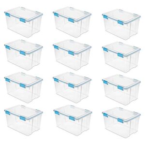 sterilite 54 quart clear plastic stackable storage container box bin with air tight gasket seal latching lid long term organizing solution, 12 pack