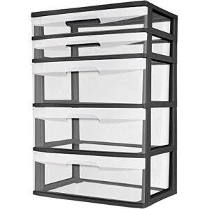 sterilite 5 drawer wide tower black frame storage organizer cabinet furniture pack new dorm organization garage bedroom room clear drawers heavy-duty plastic storage drawers