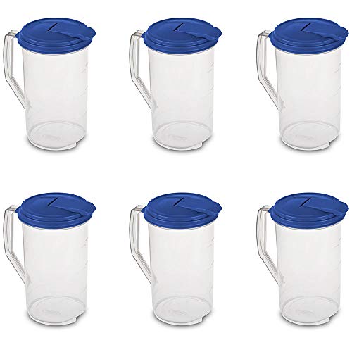 Sterilite 2 Quart Clear Plastic Drink Beverage Pitcher with Leak Proof Lid and Hinged Flip-Top Tab for Picnics, Camping, Events, Blue (6 Pack)