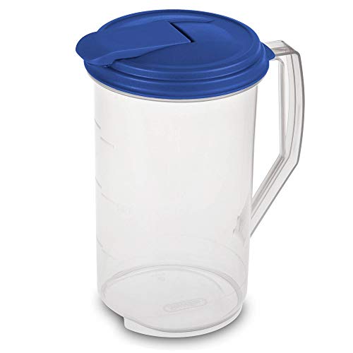 Sterilite 2 Quart Clear Plastic Drink Beverage Pitcher with Leak Proof Lid and Hinged Flip-Top Tab for Picnics, Camping, Events, Blue (6 Pack)