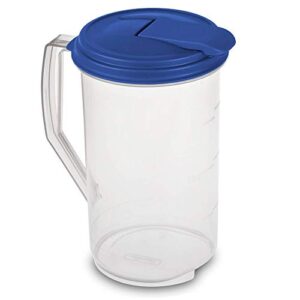 Sterilite 2 Quart Clear Plastic Drink Beverage Pitcher with Leak Proof Lid and Hinged Flip-Top Tab for Picnics, Camping, Events, Blue (6 Pack)