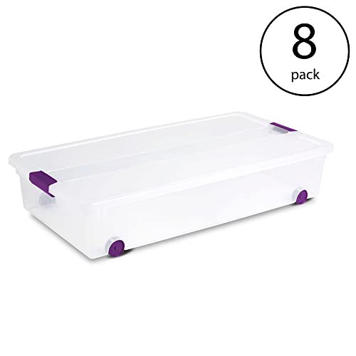 Sterilite 60 Quart ClearView Latch Lid Wheeled Stackable Underbed Home Storage Organization Tote Box with Secure Latches, (8 Pack)