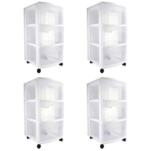 sterilite 28308002 home stackable 3 drawer wide plastic storage organizer container with drawers and rolling wheels, white (set of 4)